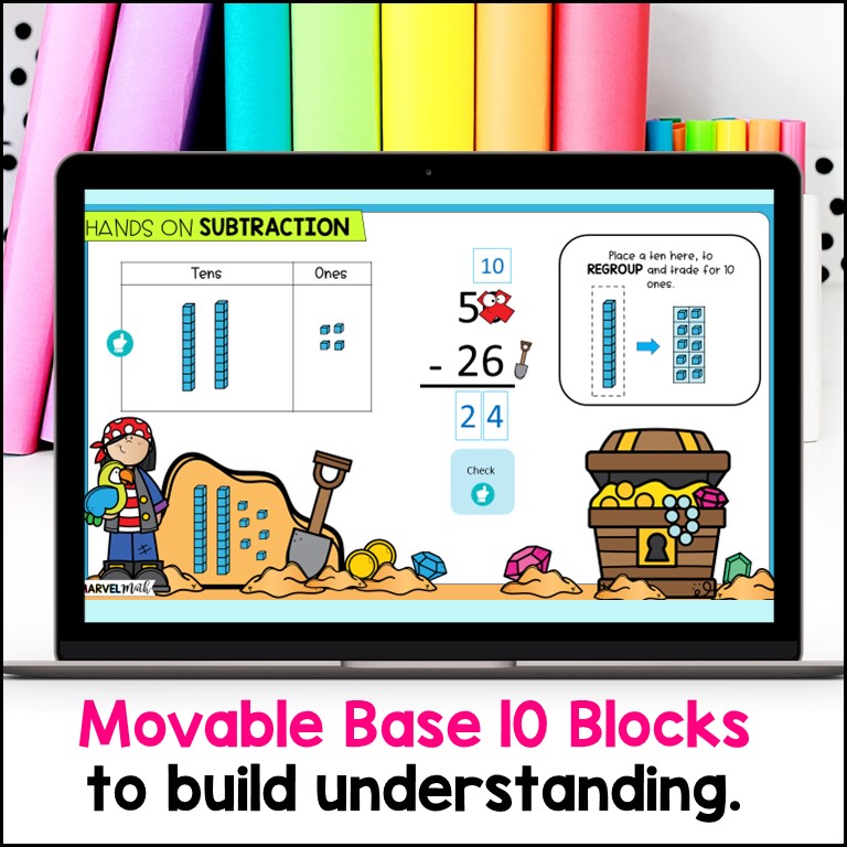 2 Digit Subtraction with Regrouping #5 - Pirate Practice - Marvel Math