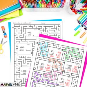 Subtracting Across Zeros Worksheets with Mazes – Marvel Math